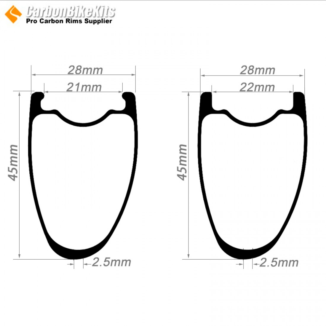 700C 45x28mm Asymetric Carbon Tubeless Hooked/Hookless Road Bike Rim