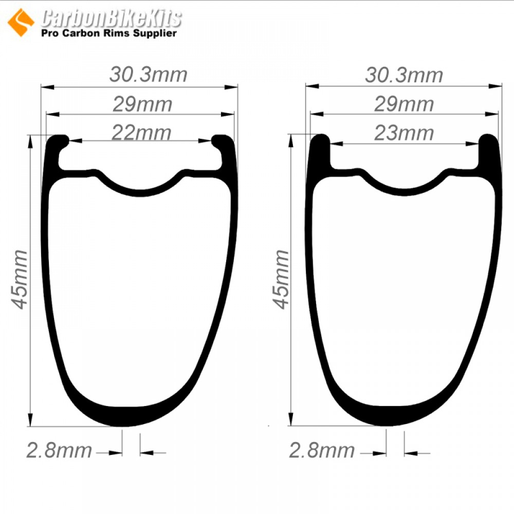 700C 45x29mm Asymetric Carbon Tubeless Hooked /Hookless Gravel / CX Rim